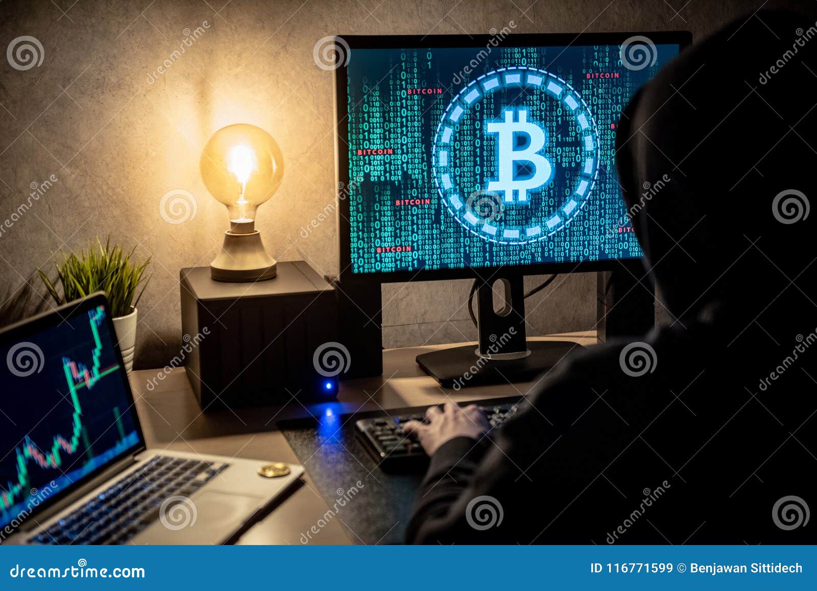 Hacker Man Using Computer for Digital Currency Laundering Stock Image ...