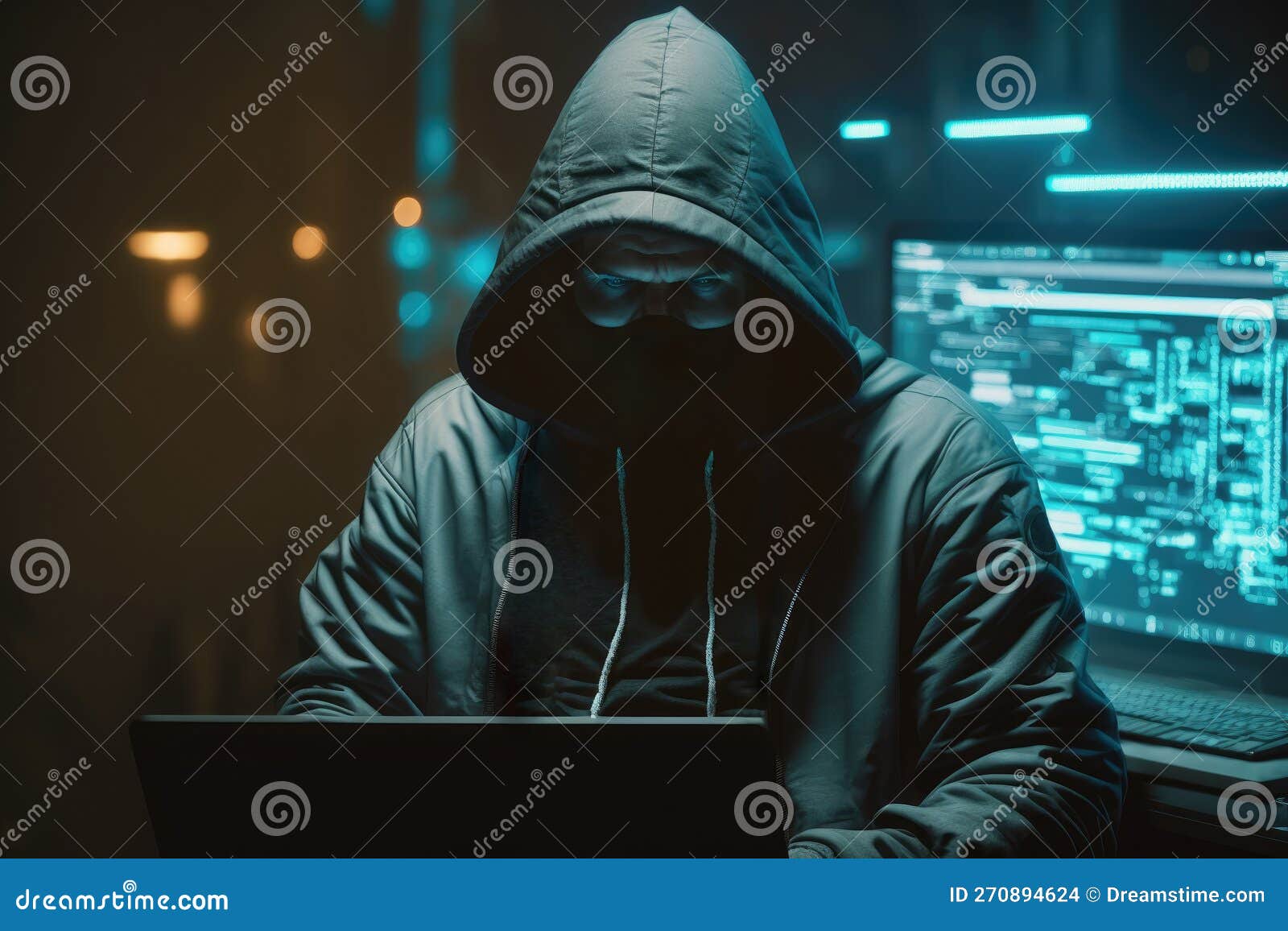 Hacker in a Mask and Hood Looks at the Laptop Screen. Hacking and ...
