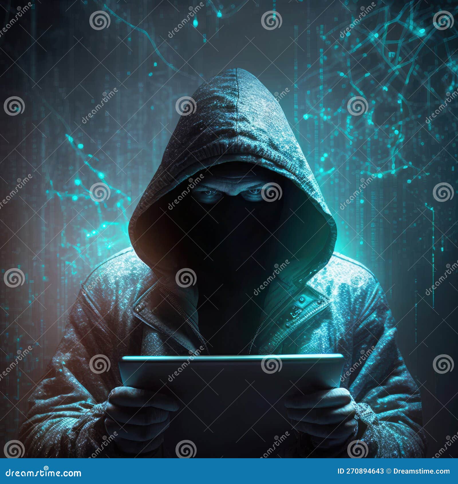 Hacker in a Mask and Hood Looks at the Tablet Pc Screen. Hacking and ...