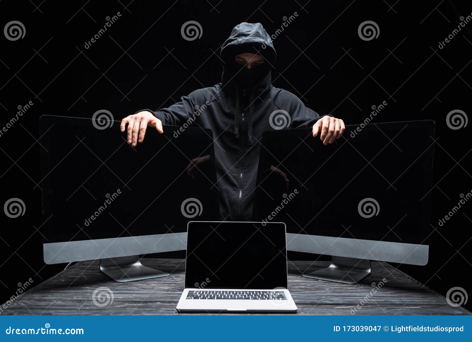 Hacker in Mask Touching Computer Monitors Stock Image - Image of ...