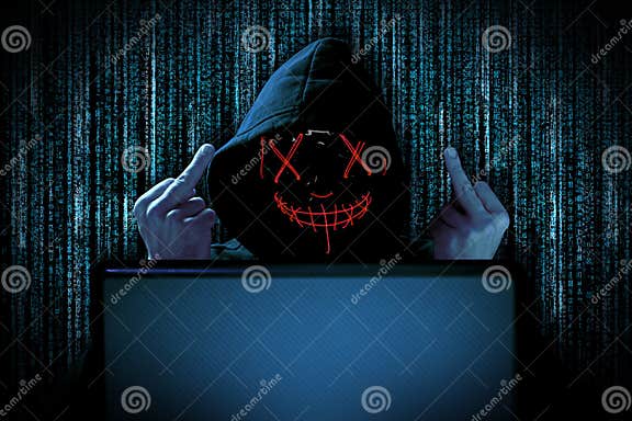 Hacker with Middle Fingers Gesture Provocation Red Glowing Mask Behind ...