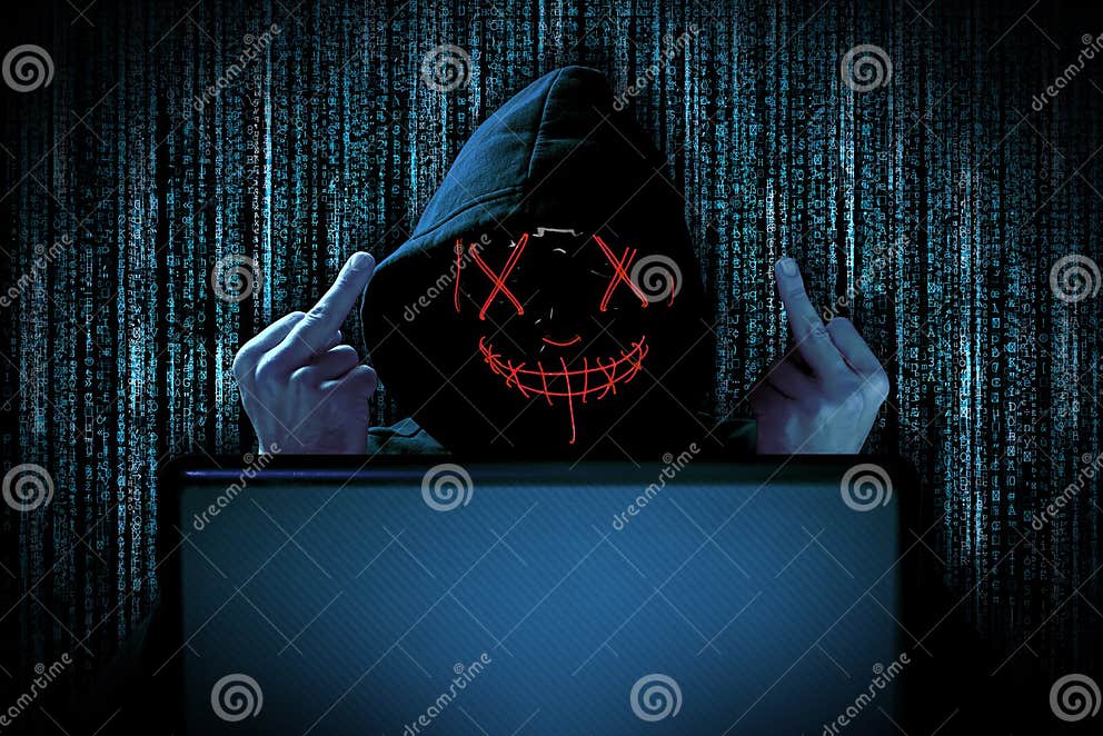 Hacker with Middle Fingers Gesture Provocation Red Glowing Mask Behind ...