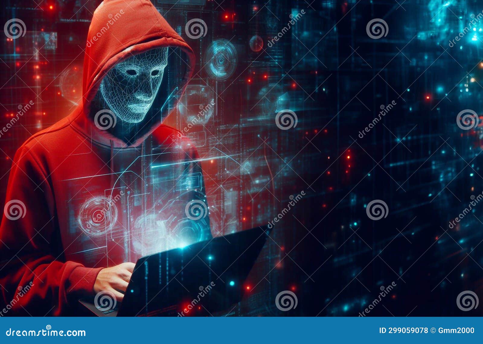 Hacker in Mysterious Looking Hood is Using Hologram Graphics, Network ...
