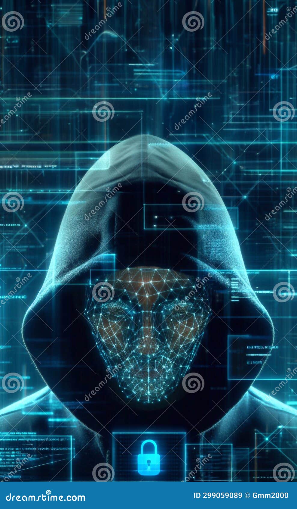 Hacker in Mysterious Looking Hood is Using Hologram Graphics, Network ...