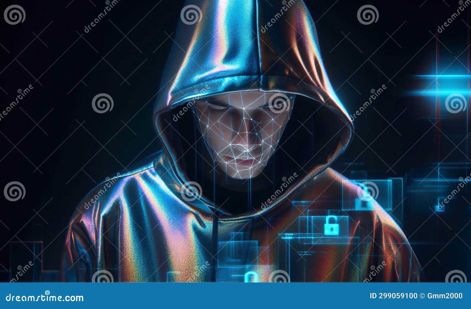 Hacker in Mysterious Looking Hood is Using Hologram Graphics, Network Password Cracking Program ...