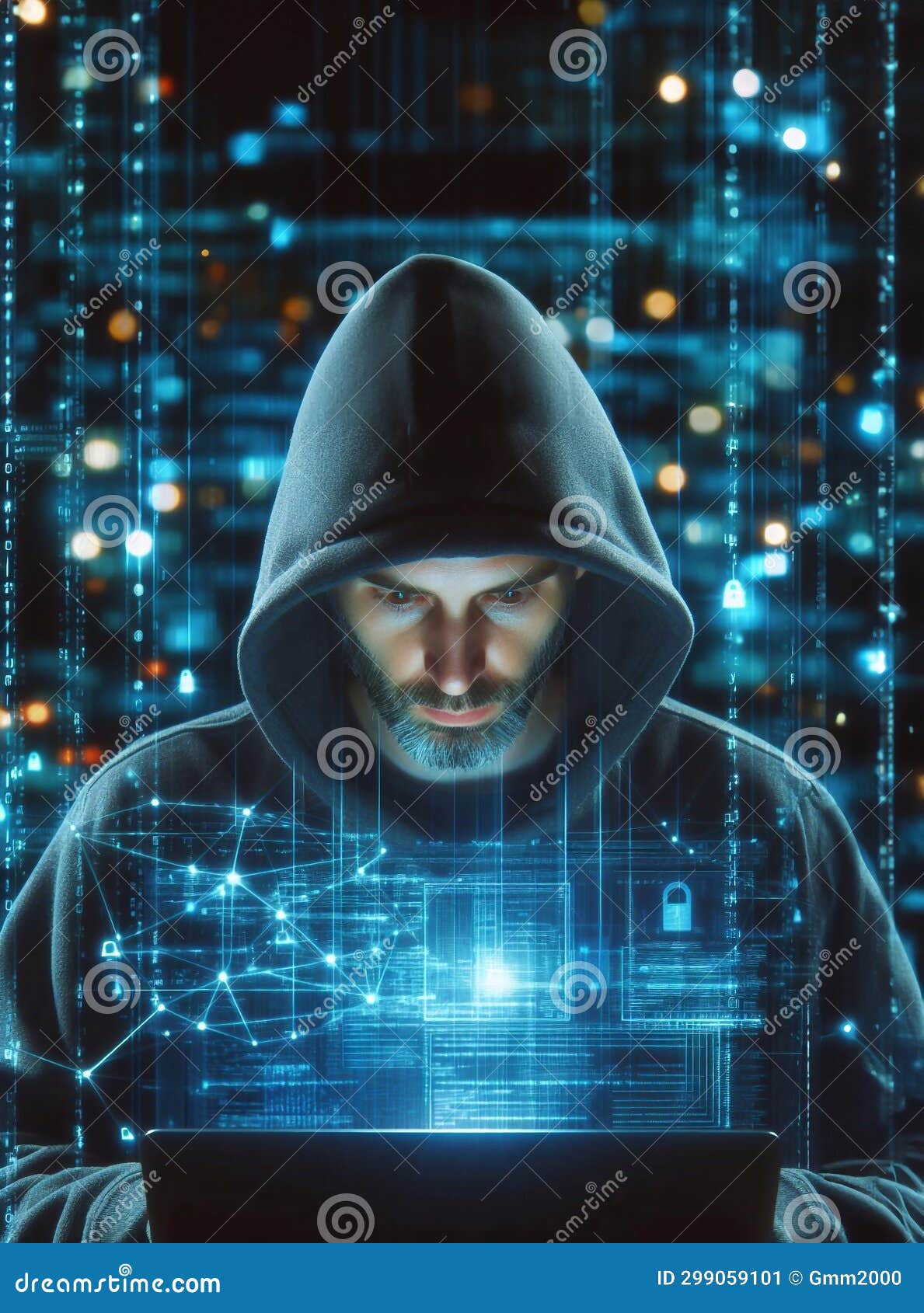 Hacker in Mysterious Looking Hood is Using Hologram Graphics, Network ...