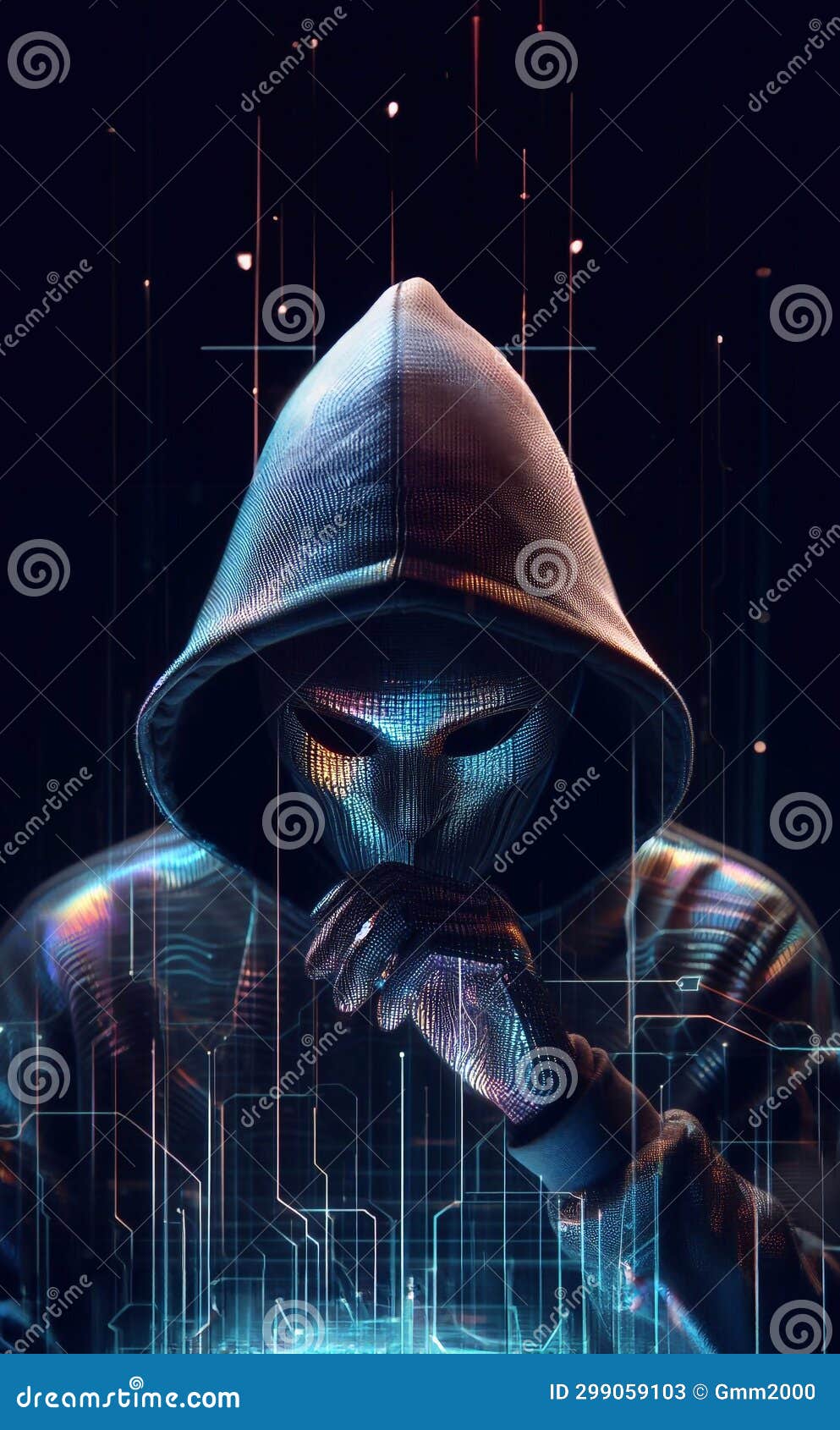 Hacker in Mysterious Looking Hood is Using Hologram Graphics, Network ...