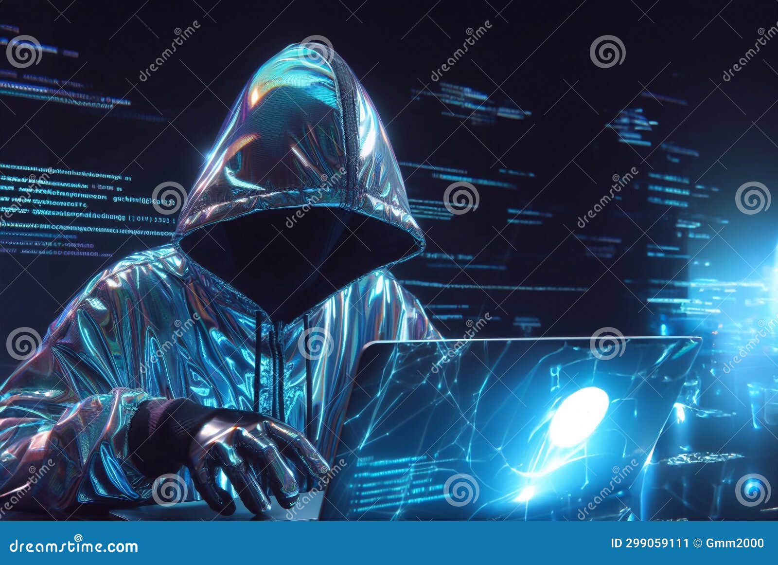 Hacker in Mysterious Looking Hood is Using Hologram Graphics, Network ...