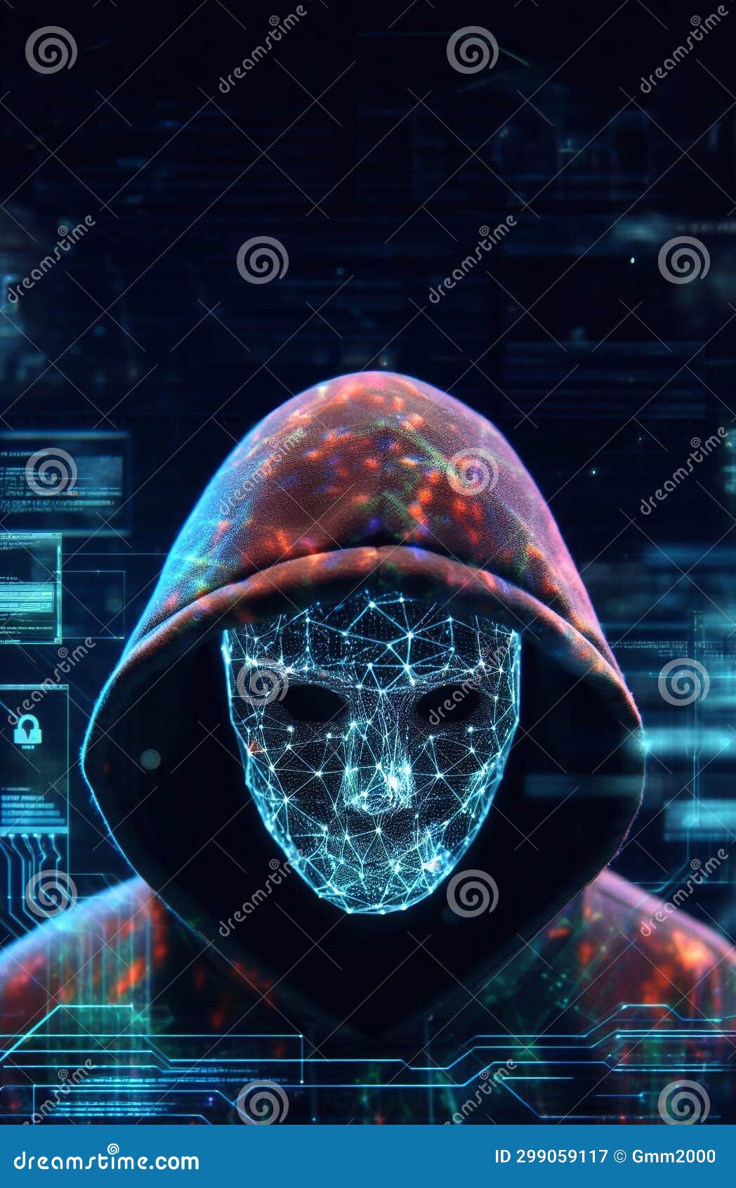 Hacker in Mysterious Looking Hood is Using Hologram Graphics, Network ...