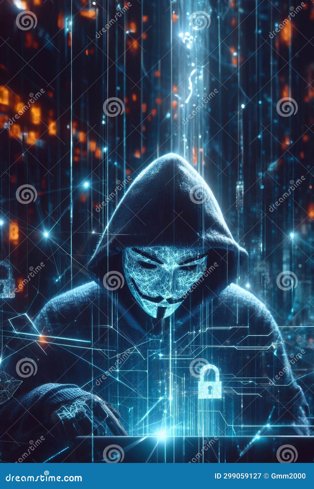 Hacker in Mysterious Looking Hood is Using Hologram Graphics, Network ...