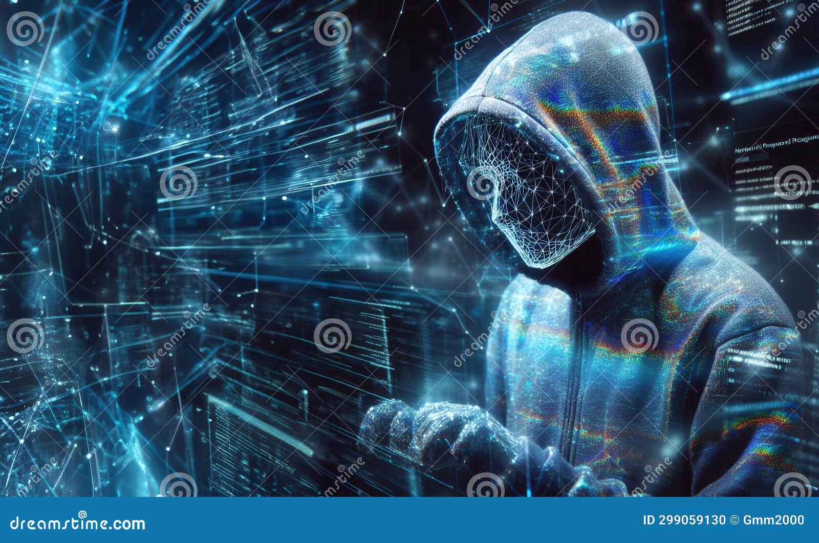 Hacker in Mysterious Looking Hood is Using Hologram Graphics, Network ...