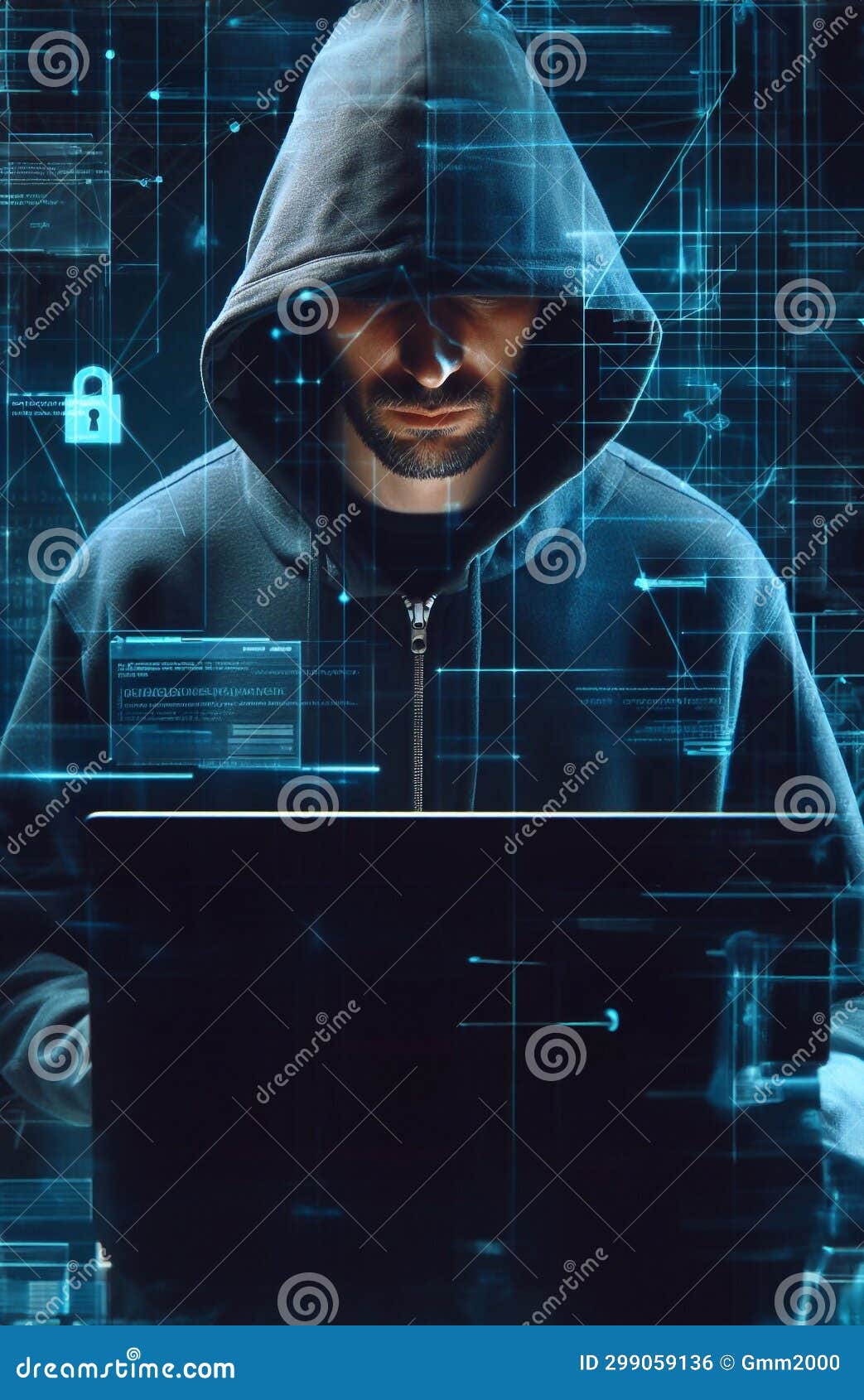 Hacker in Mysterious Looking Hood is Using Hologram Graphics, Network ...
