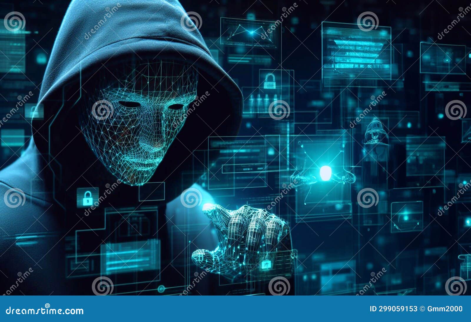 Hacker in Mysterious Looking Hood is Using Hologram Graphics, Network ...