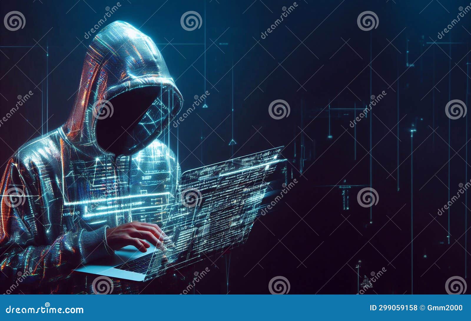 Hacker in Mysterious Looking Hood is Using Hologram Graphics, Network ...