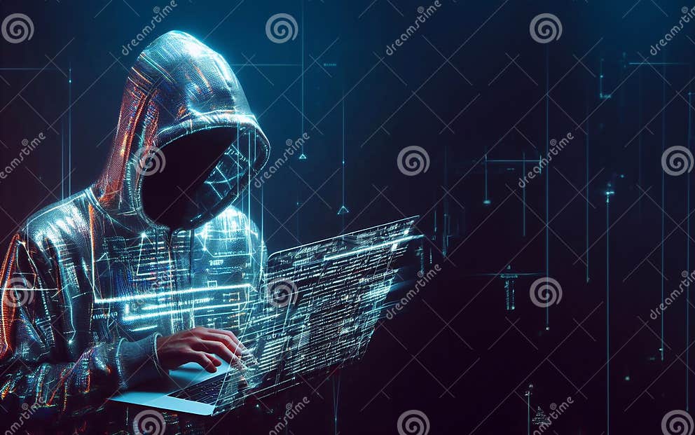 Hacker in Mysterious Looking Hood is Using Hologram Graphics, Network ...