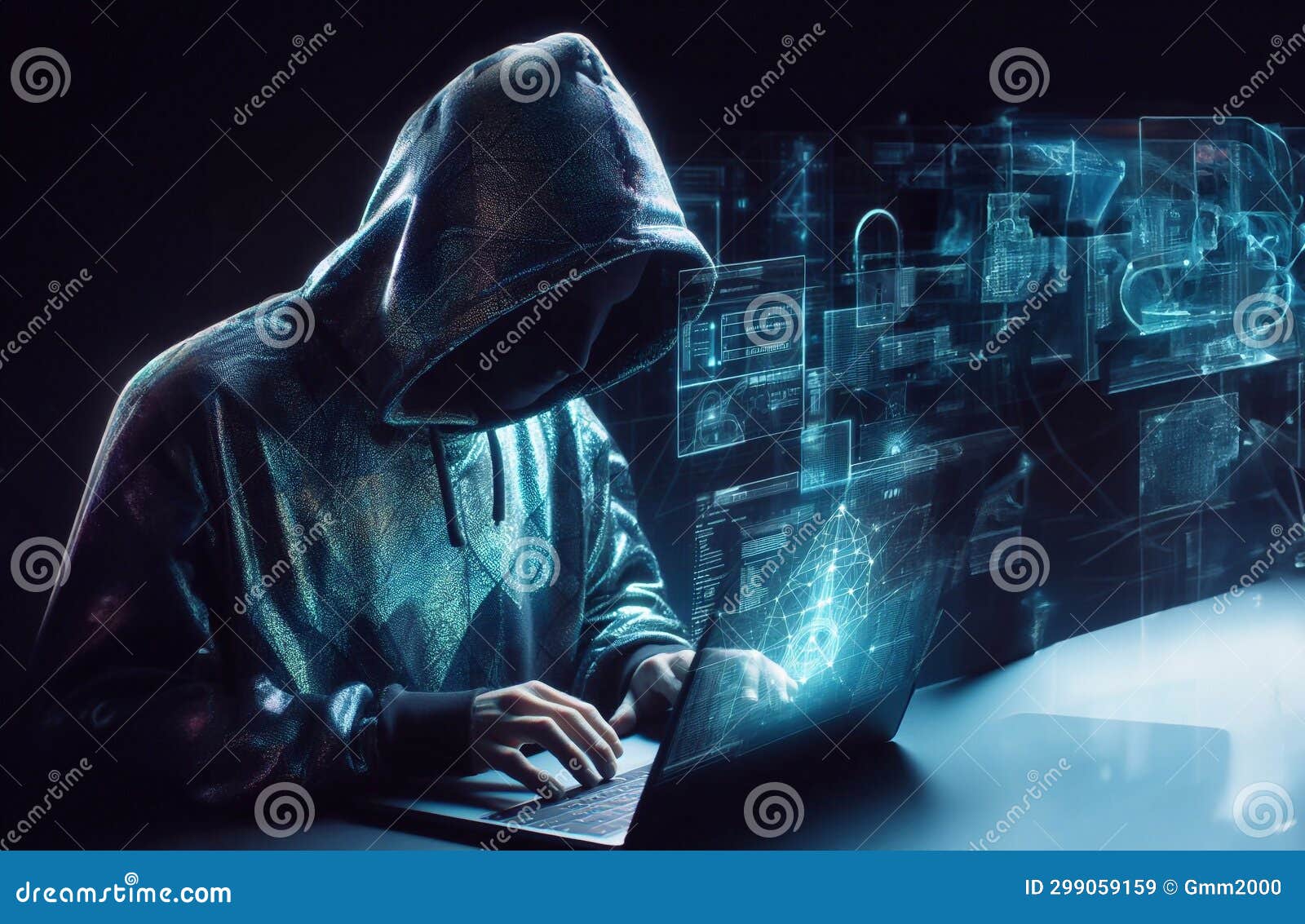 Hacker in Mysterious Looking Hood is Using Hologram Graphics, Network ...