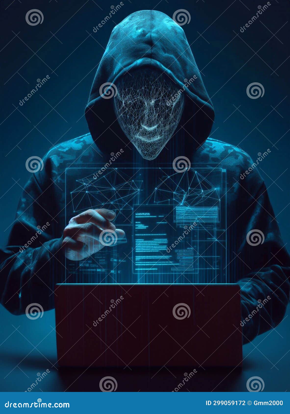 Hacker in Mysterious Looking Hood is Using Hologram Graphics, Network ...
