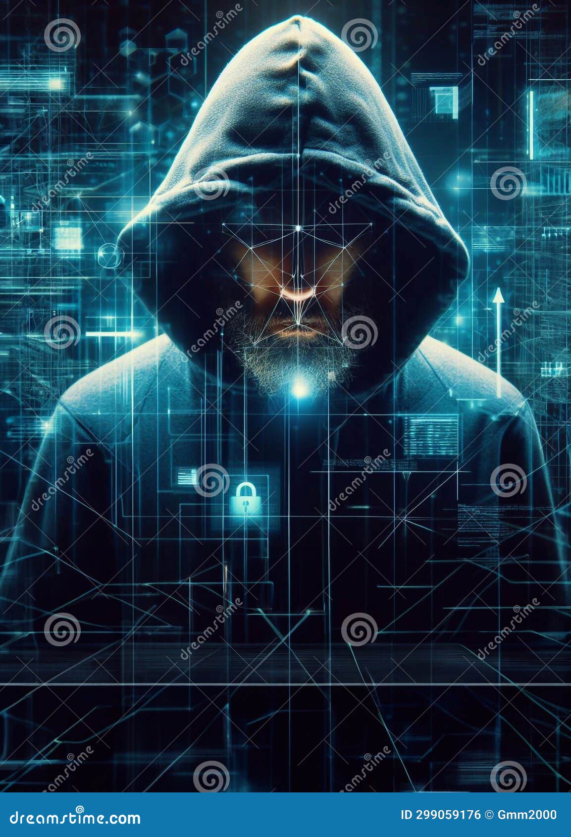 Hacker in Mysterious Looking Hood is Using Hologram Graphics, Network Password Cracking Program ...