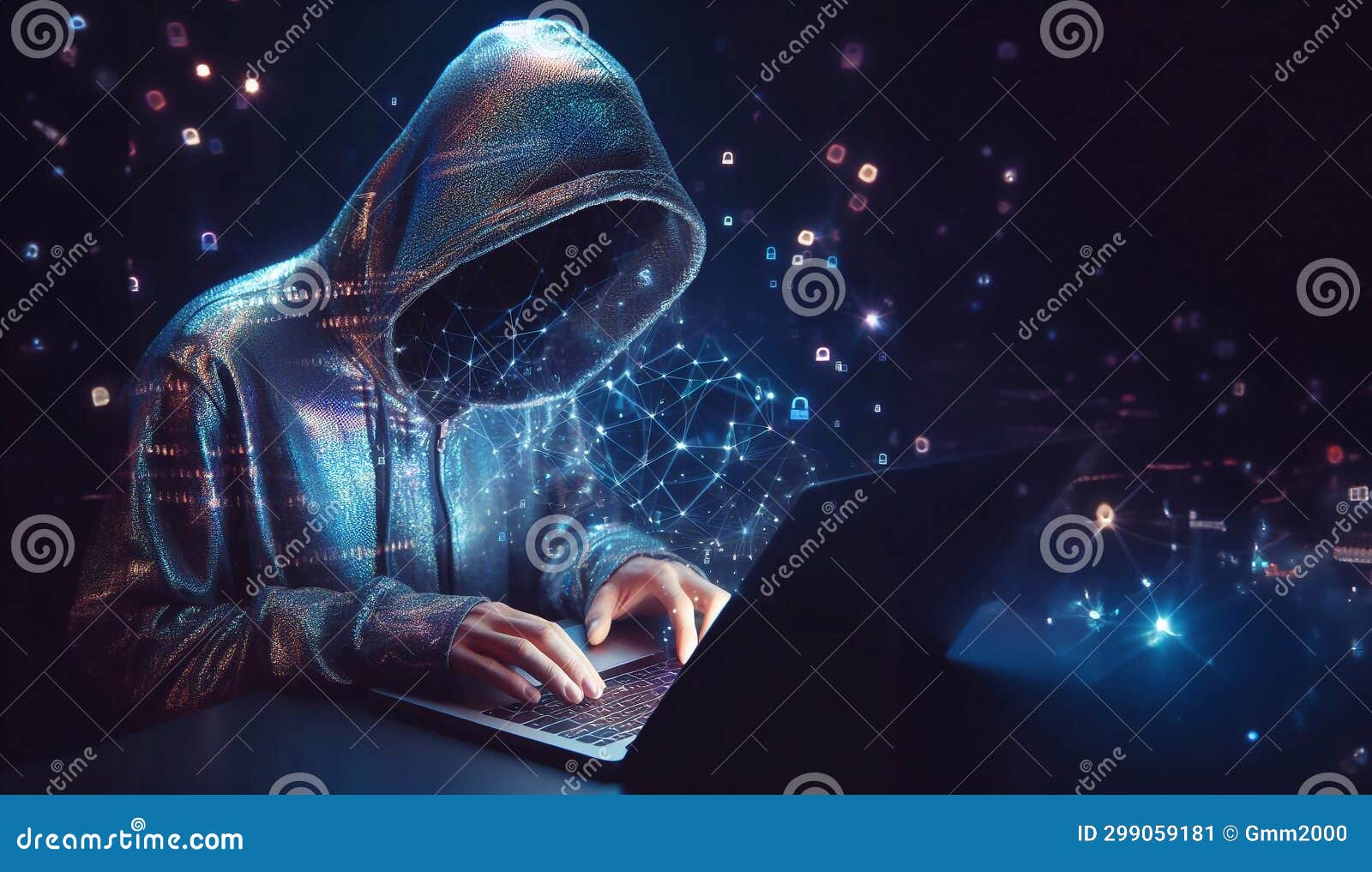 Hacker in Mysterious Looking Hood is Using Hologram Graphics, Network ...