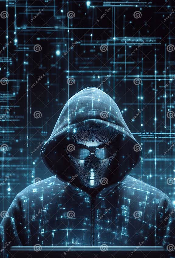 Hacker in Mysterious Looking Hood is Using Hologram Graphics, Network ...