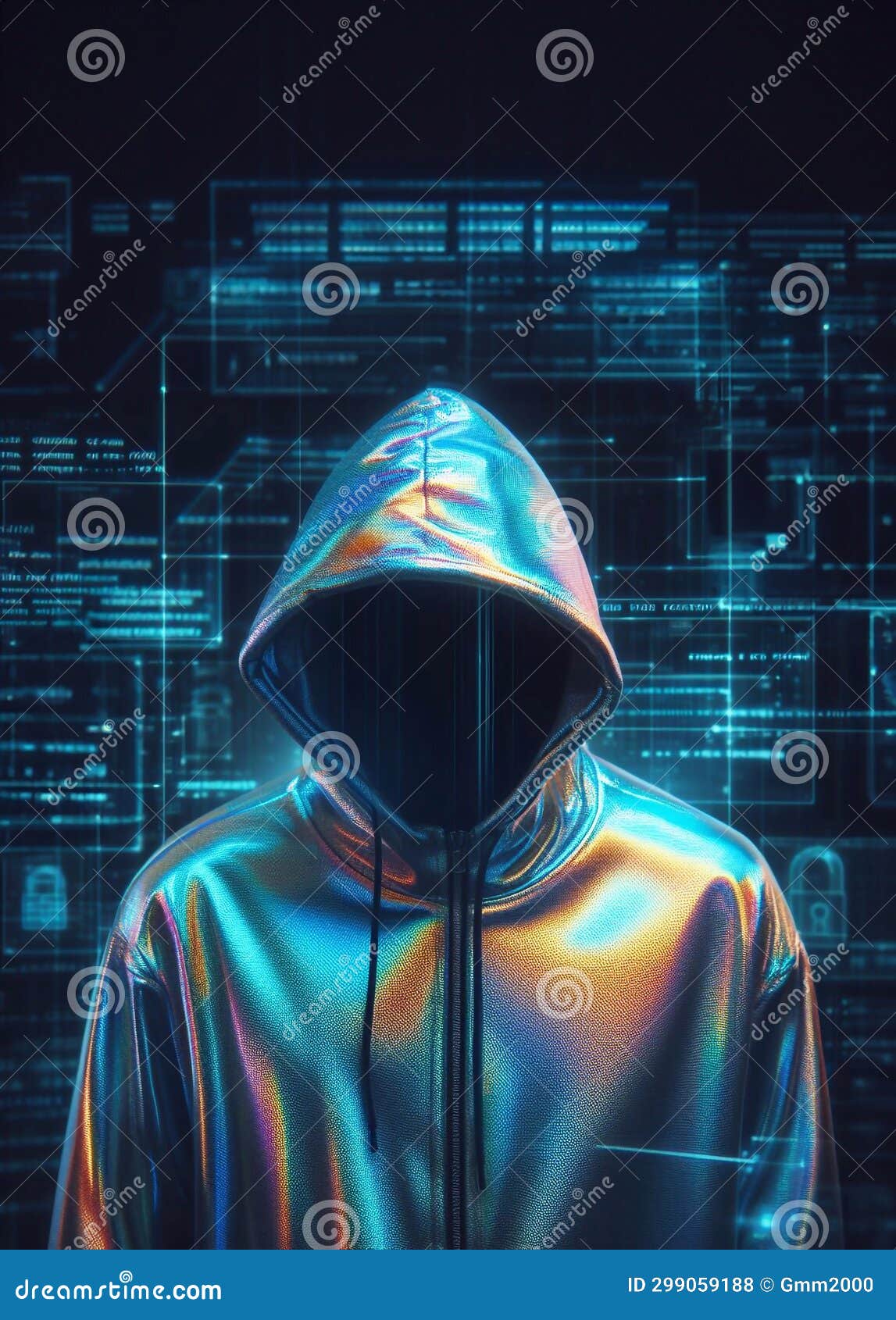 Hacker in Mysterious Looking Hood is Using Hologram Graphics, Network ...