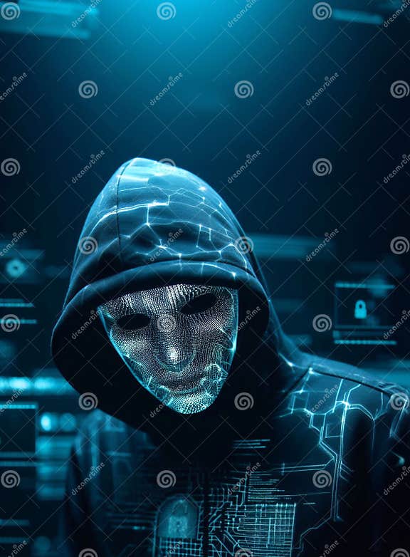 Hacker in Mysterious Looking Hood is Using Hologram Graphics, Network ...