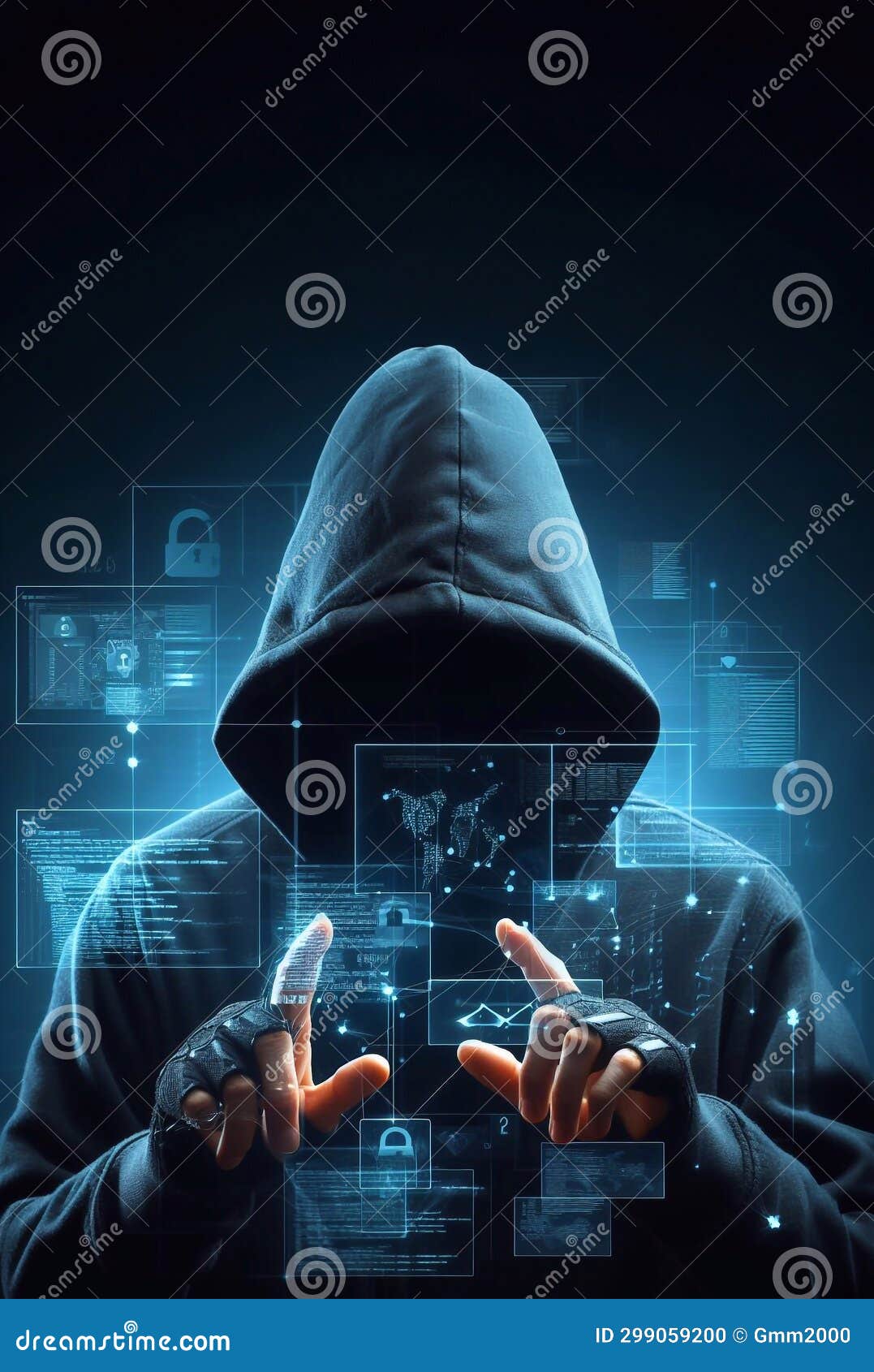 Hacker in Mysterious Looking Hood is Using Hologram Graphics, Network ...