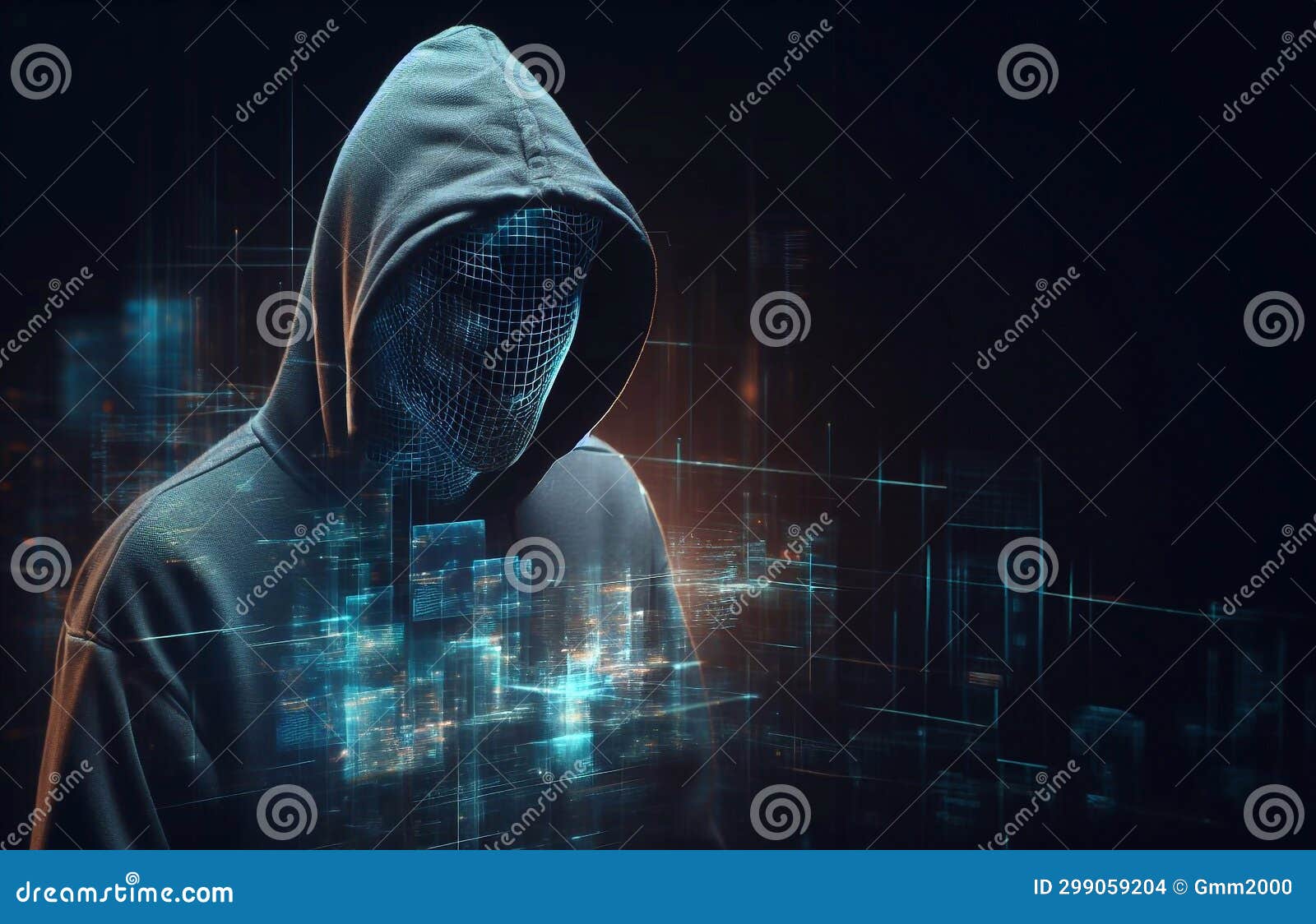 Hacker in Mysterious Looking Hood is Using Hologram Graphics, Network ...