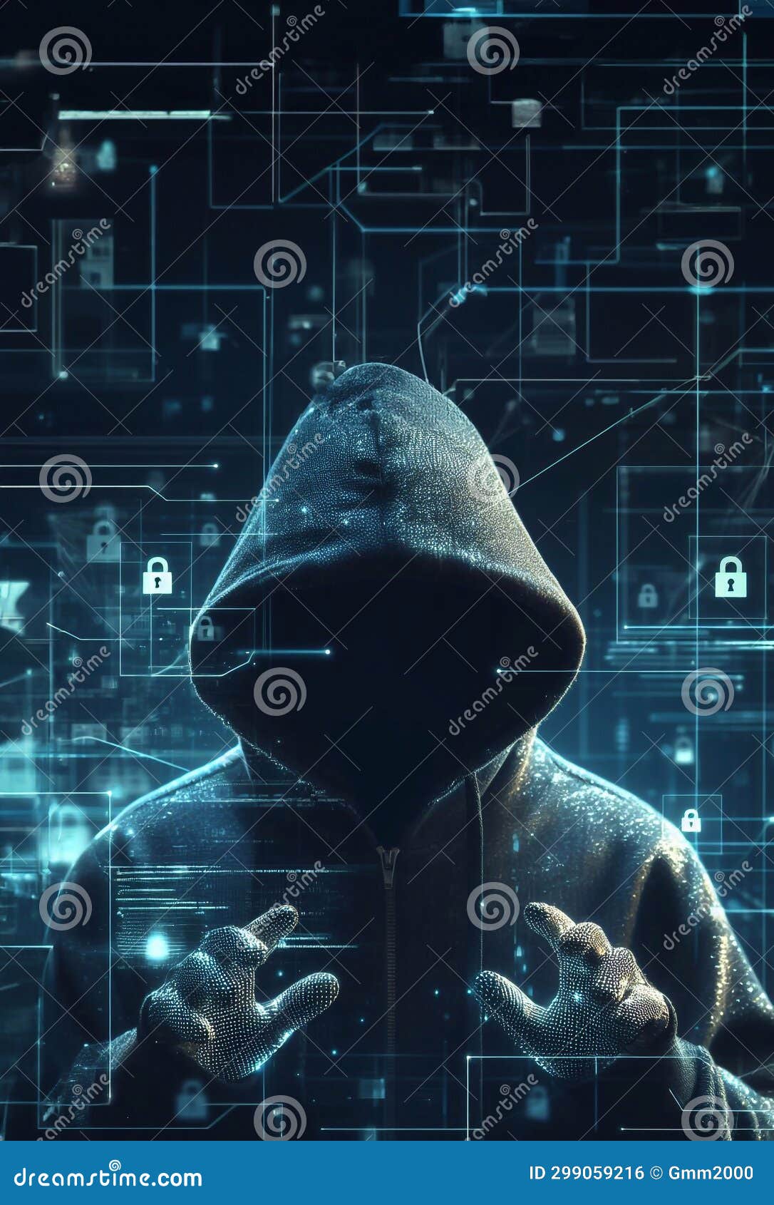 Hacker in Mysterious Looking Hood is Using Hologram Graphics, Network ...