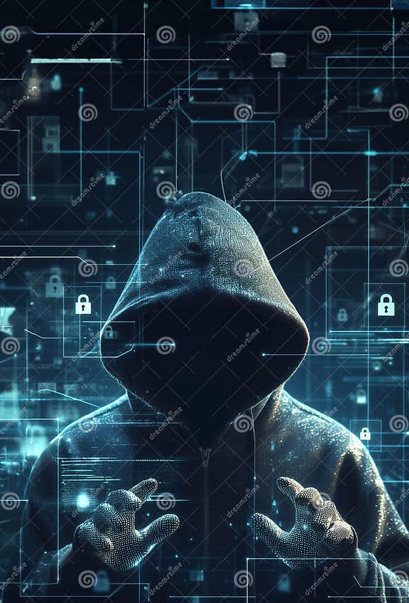 Hacker in Mysterious Looking Hood is Using Hologram Graphics, Network ...