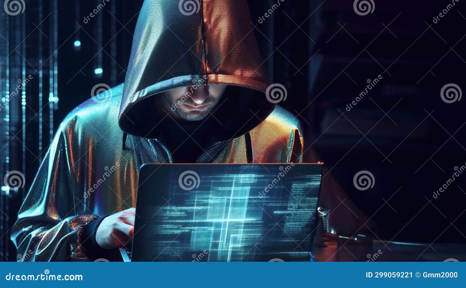 Hacker in Mysterious Looking Hood is Using Hologram Graphics, Network Password Cracking Program ...