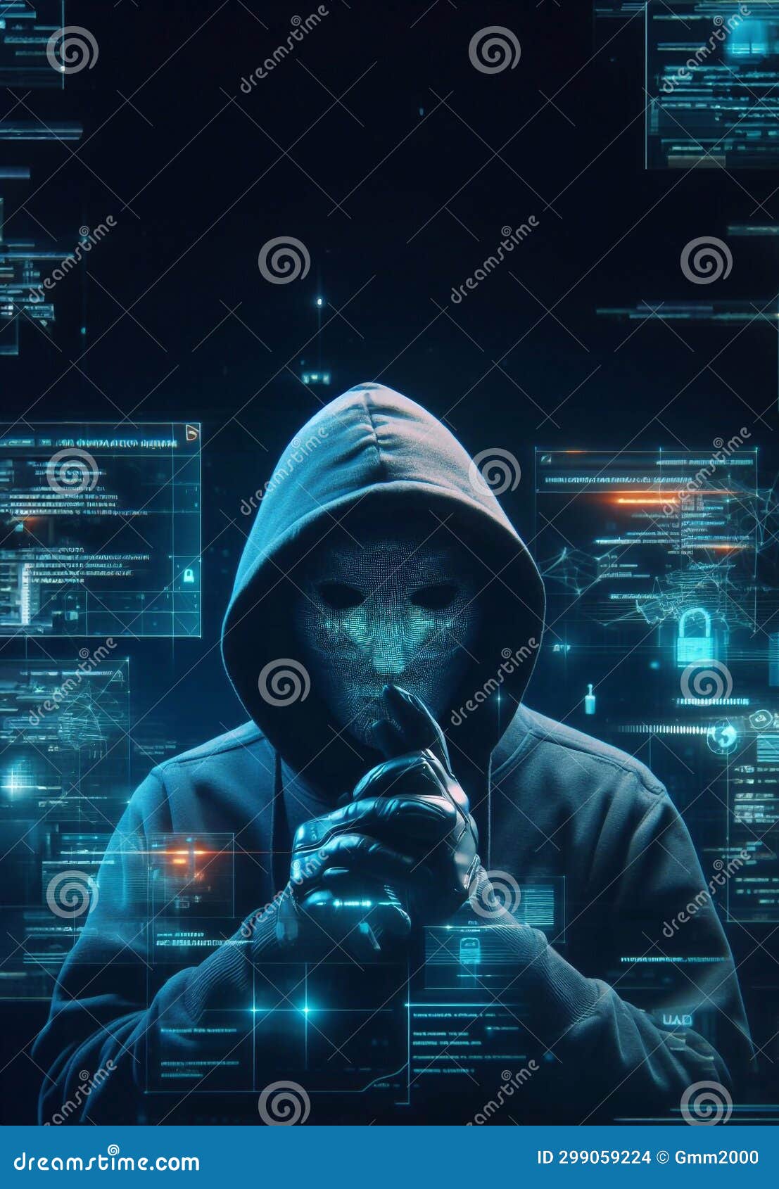 Hacker in Mysterious Looking Hood is Using Hologram Graphics, Network ...