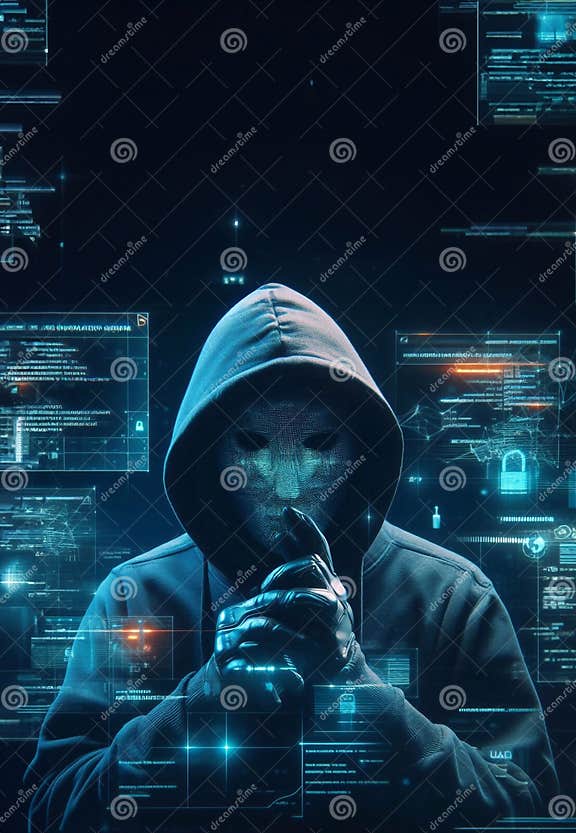 Hacker in Mysterious Looking Hood is Using Hologram Graphics, Network ...