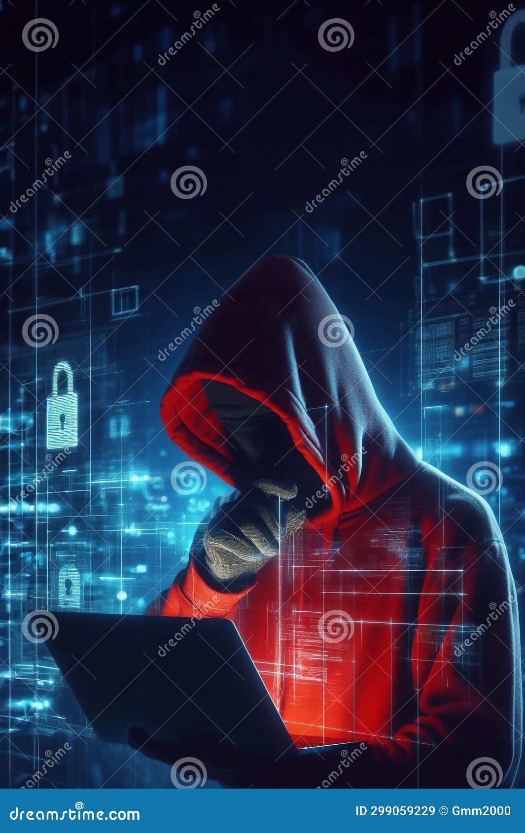 Hacker in Mysterious Looking Hood is Using Hologram Graphics, Network ...