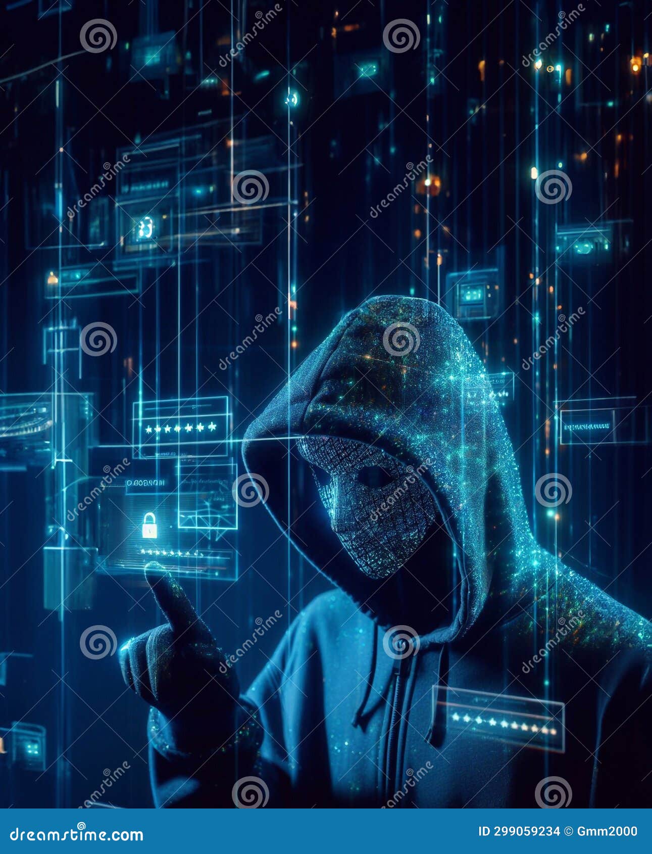 Hacker in Mysterious Looking Hood is Using Hologram Graphics, Network Password Cracking Program ...