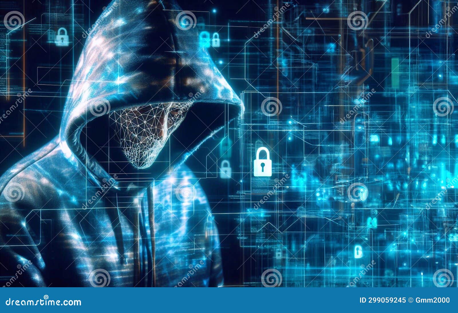 Hacker in Mysterious Looking Hood is Using Hologram Graphics, Network ...