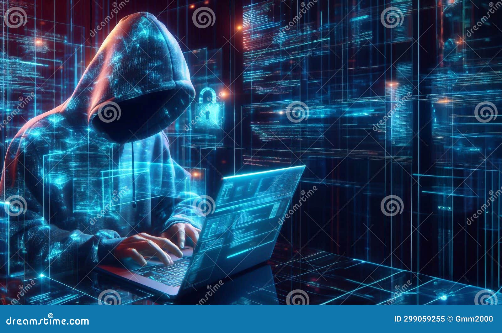 Hacker in Mysterious Looking Hood is Using Hologram Graphics, Network ...