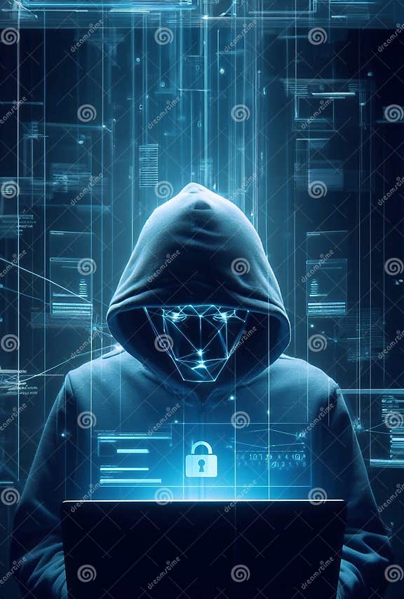 Hacker in Mysterious Looking Hood is Using Hologram Graphics, Network ...