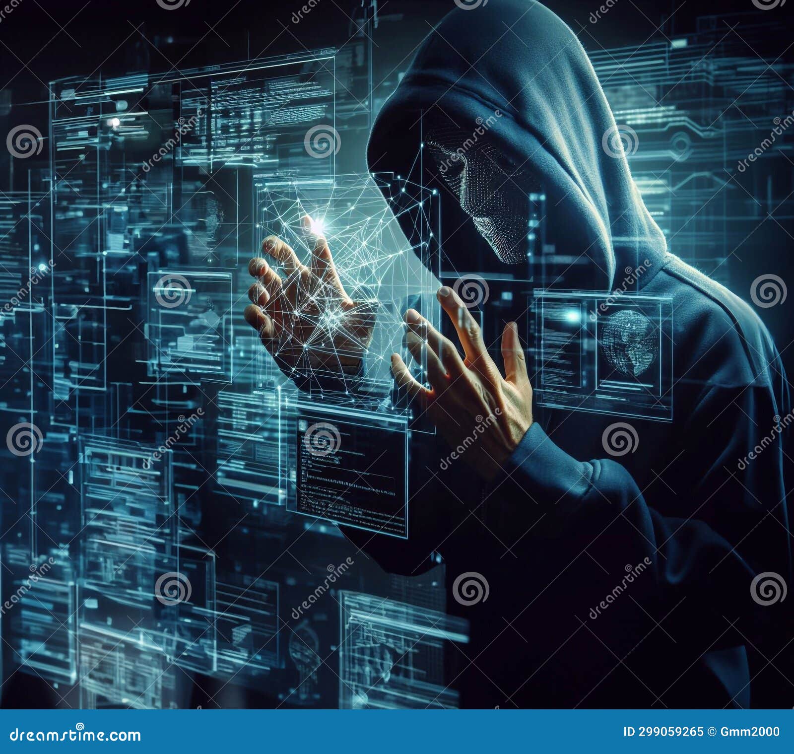 Hacker in Mysterious Looking Hood is Using Hologram Graphics, Network Password Cracking Program ...