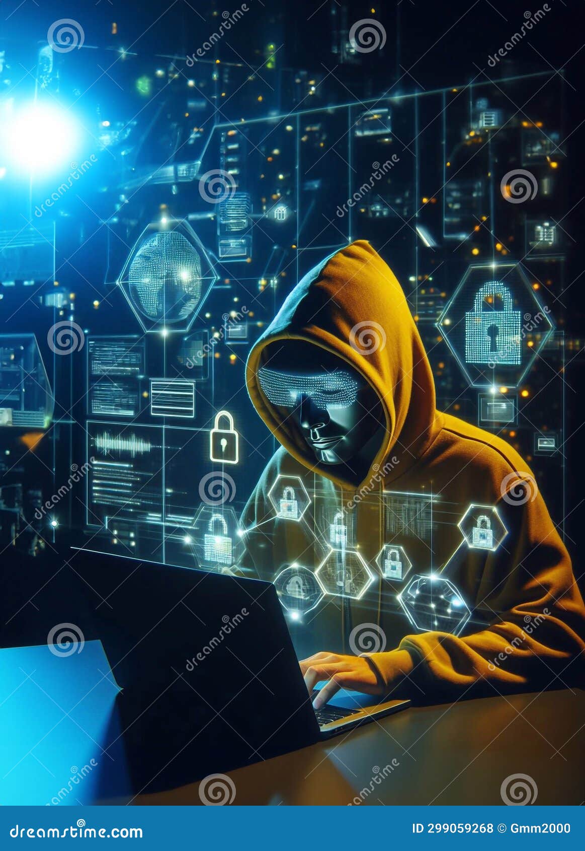 Hacker in Mysterious Looking Hood is Using Hologram Graphics, Network ...