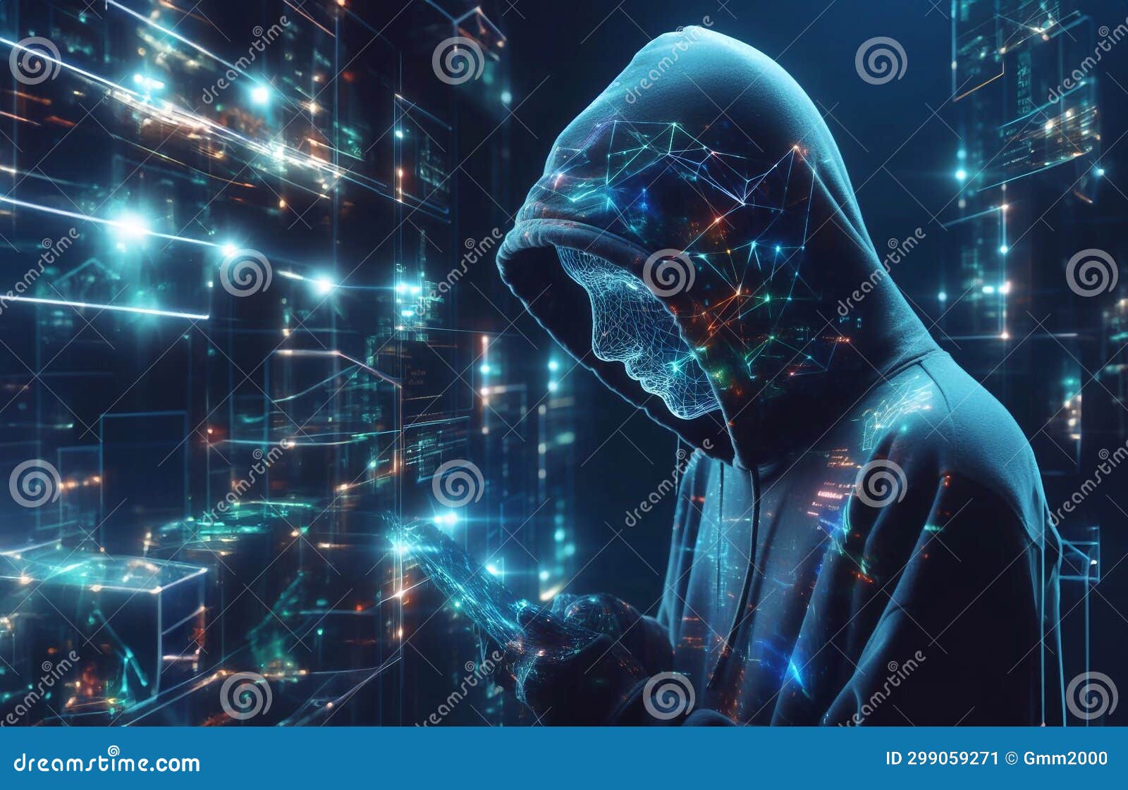 Hacker in Mysterious Looking Hood is Using Hologram Graphics, Network Password Cracking Program ...