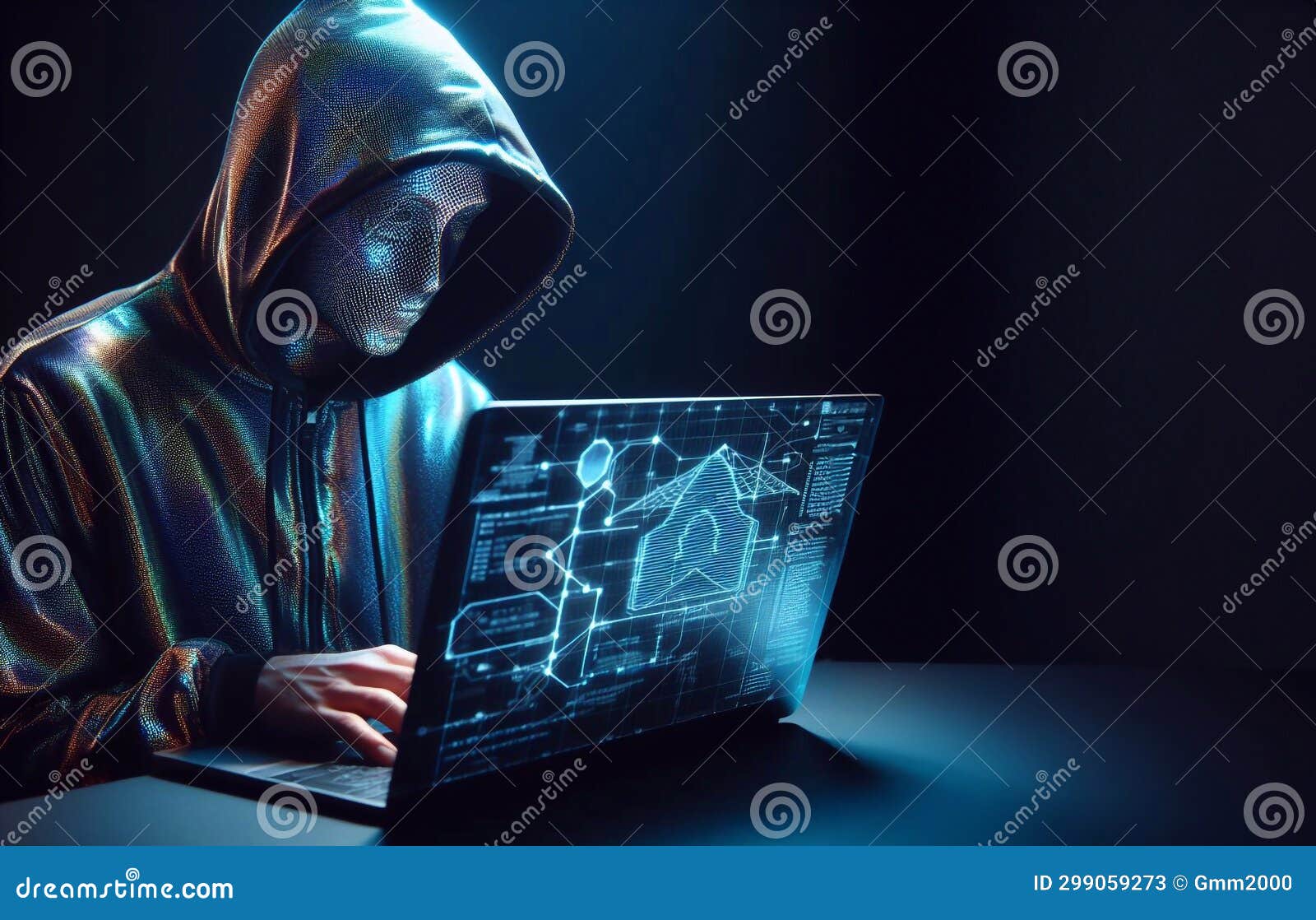 Hacker in Mysterious Looking Hood is Using Hologram Graphics, Network ...