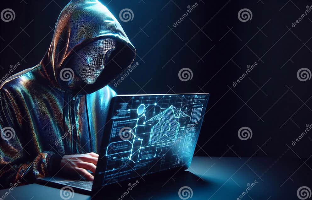 Hacker in Mysterious Looking Hood is Using Hologram Graphics, Network ...