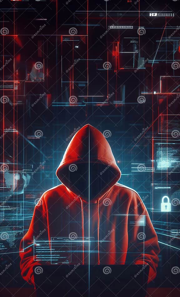 Hacker in Mysterious Looking Hood is Using Hologram Graphics, Network ...