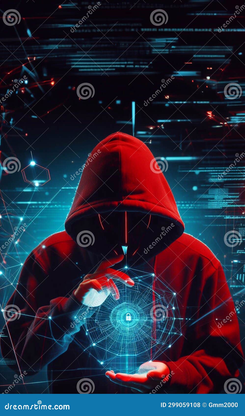 Hacker in Mysterious Looking Hood is Using Hologram Graphics, Network ...