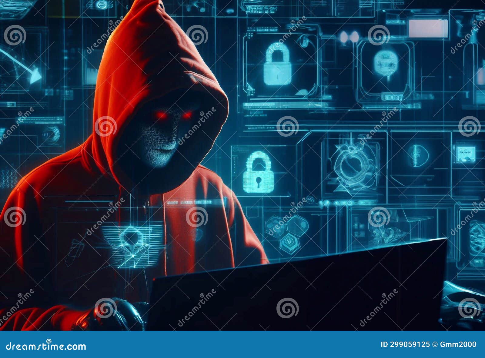 Hacker in Mysterious Looking Hood is Using Hologram Graphics, Network ...