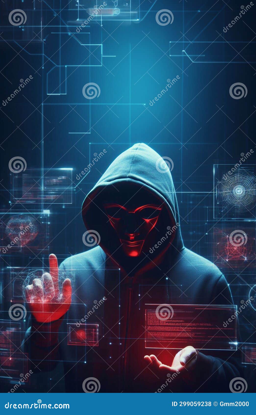 Hacker in Mysterious Looking Hood is Using Hologram Graphics, Network ...