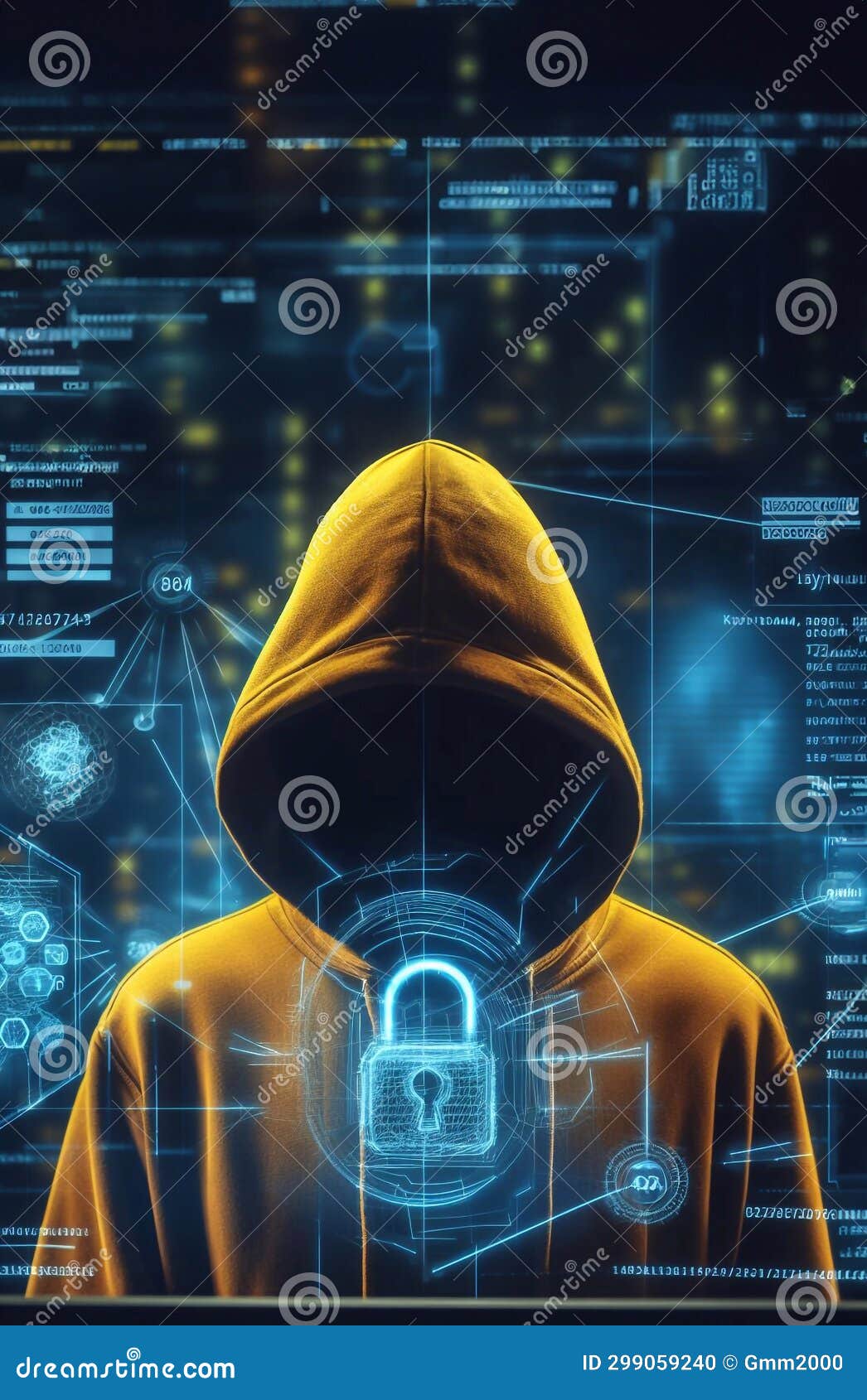 Hacker in Mysterious Looking Hood is Using Hologram Graphics, Network ...