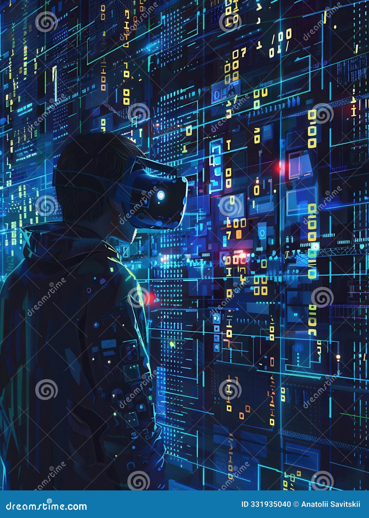 A Hacker Navigates a Vibrant Virtual Environment Filled with Digital ...