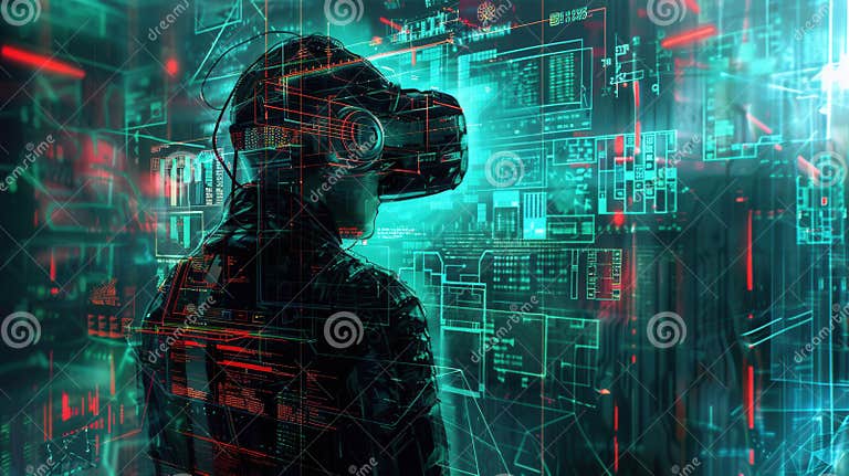 A Hacker Navigates a Vibrant Virtual Landscape, Surrounded by Digital ...